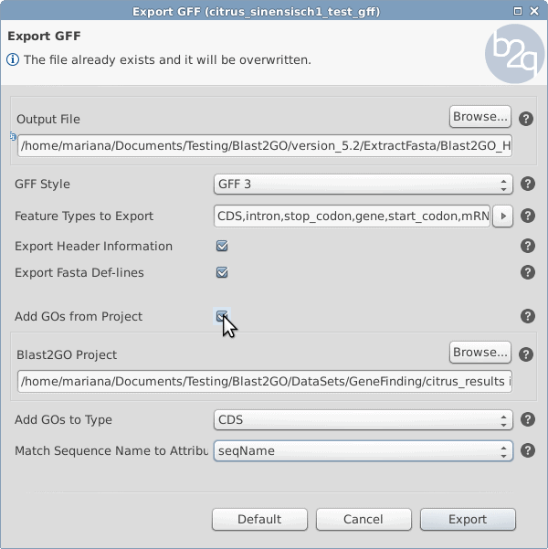 How to export Gene Finder GFF output with GO terms